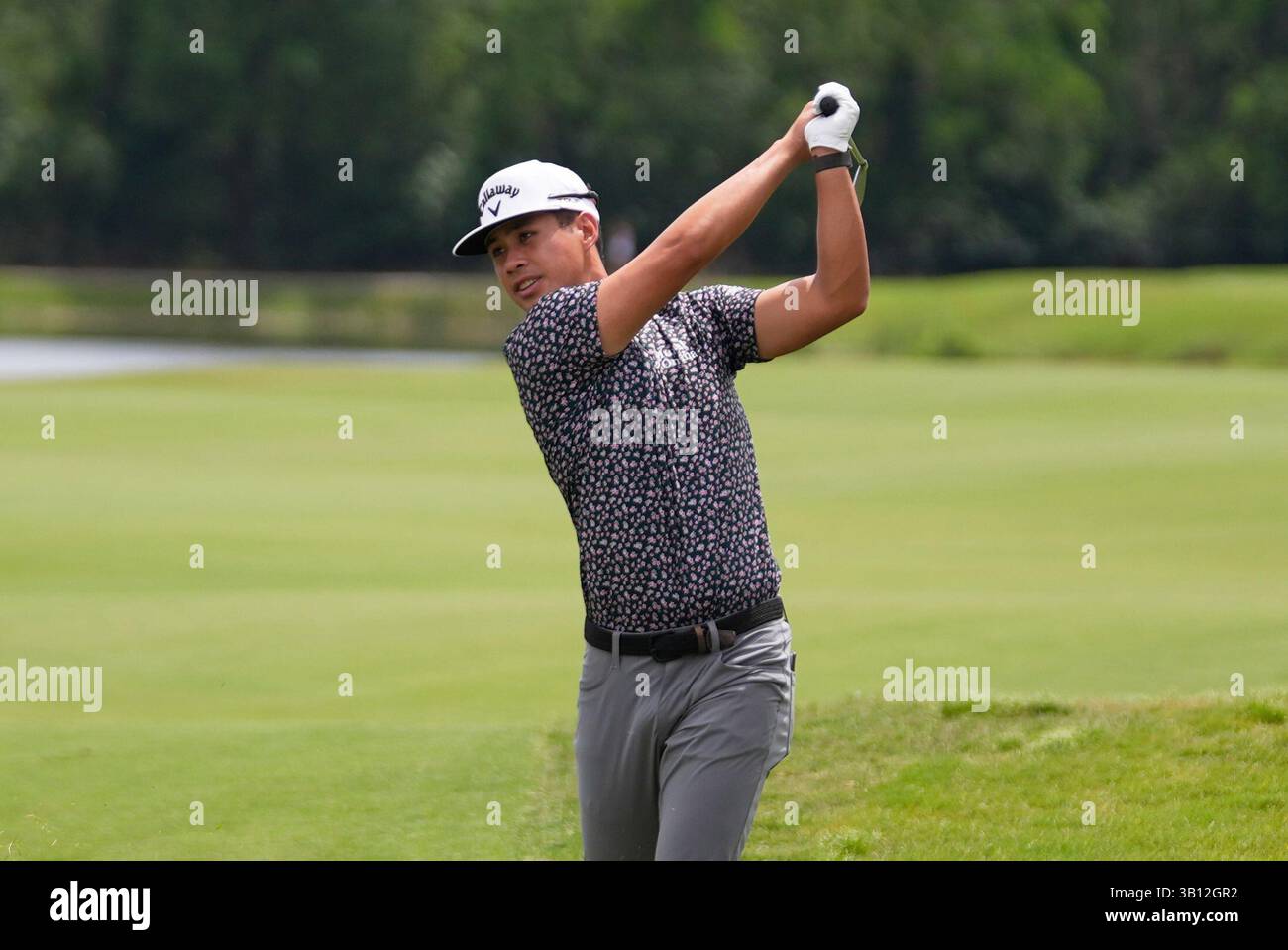 Isaiah Salinda hits on the 18th fairway during the first round of the PGA Zurich Classic golf ...