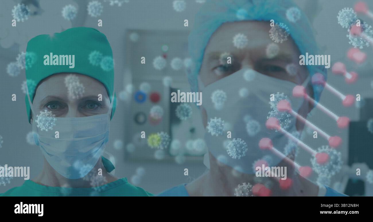 Masked medical professionals studying 3D virus particles in surgery ...