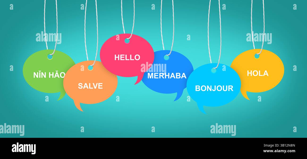 Paper speech bubbles with greetings in different languages hanging on ...