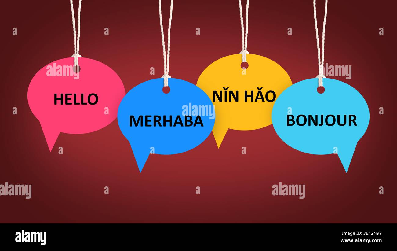 Paper speech bubbles with greetings in different languages hanging on ...