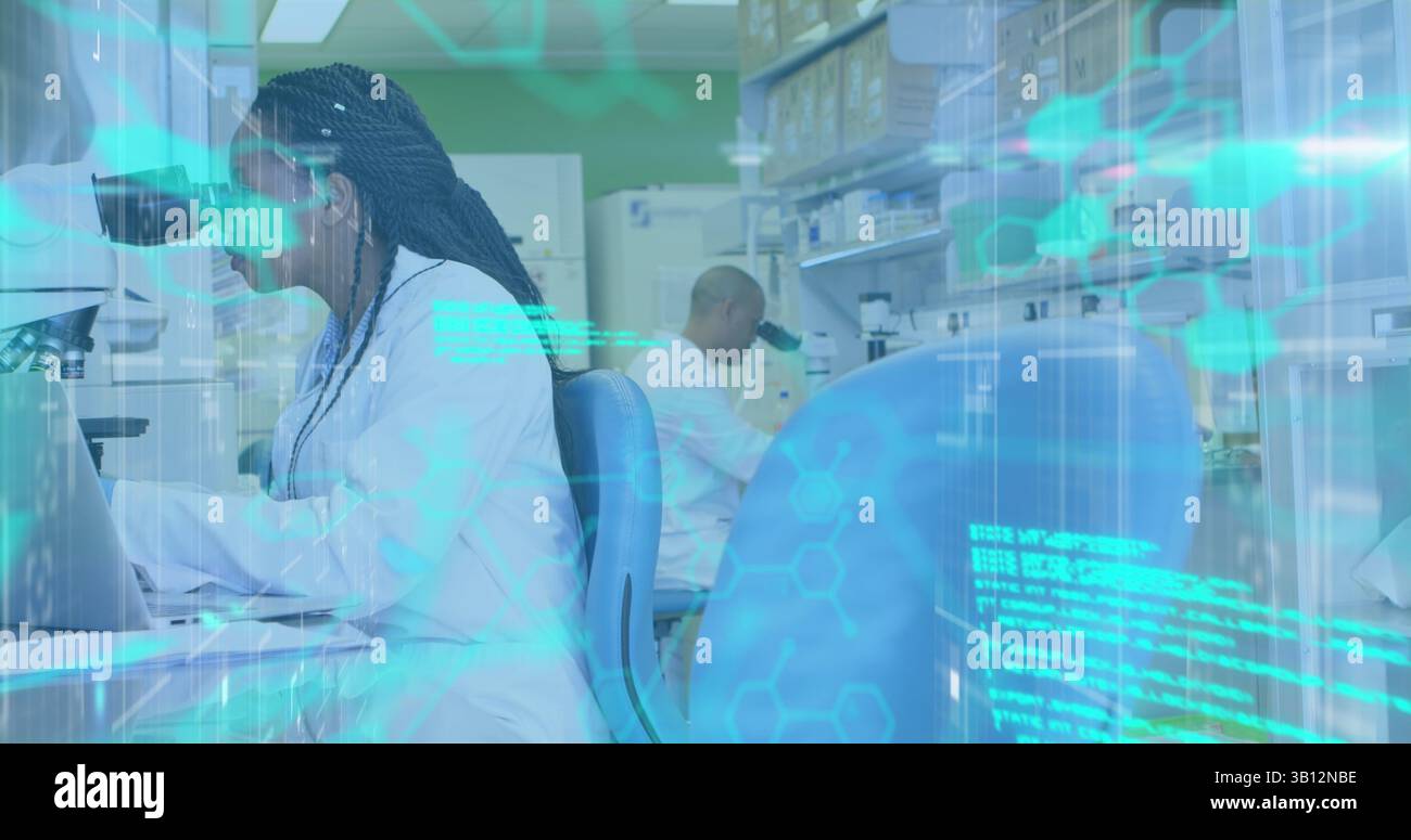 Image of scientific data processing over african american female lab ...