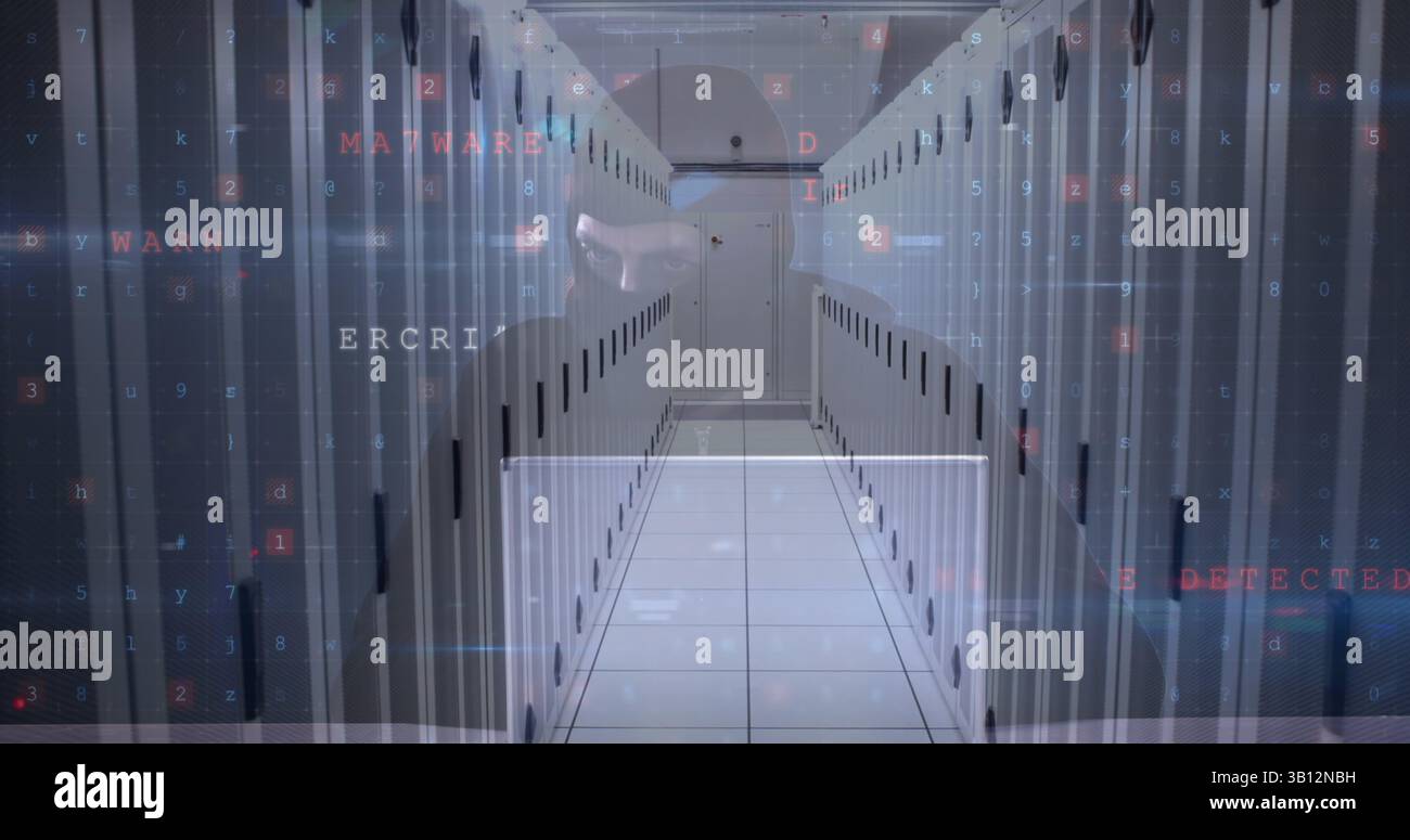 Image of warning text and data processing over computer servers in ...
