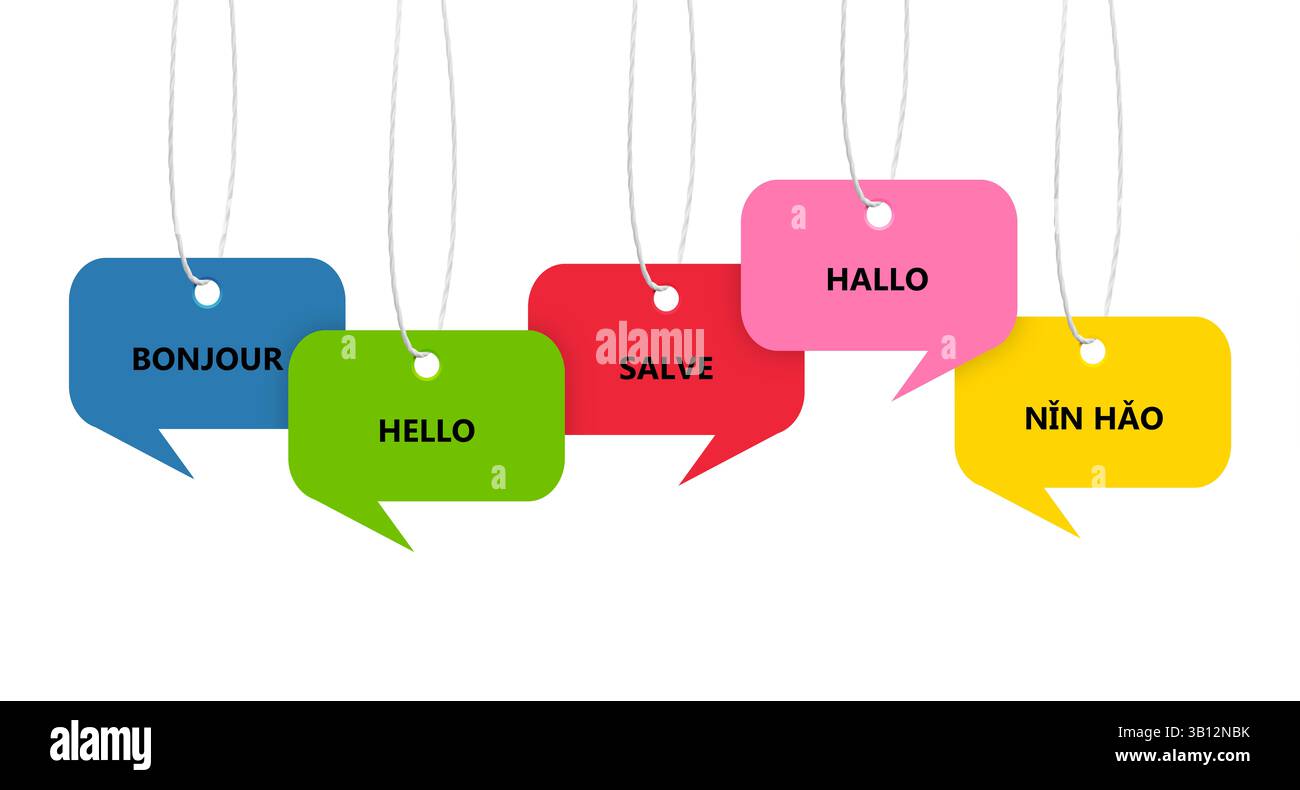 Paper speech bubbles with greetings in different languages hanging on ...