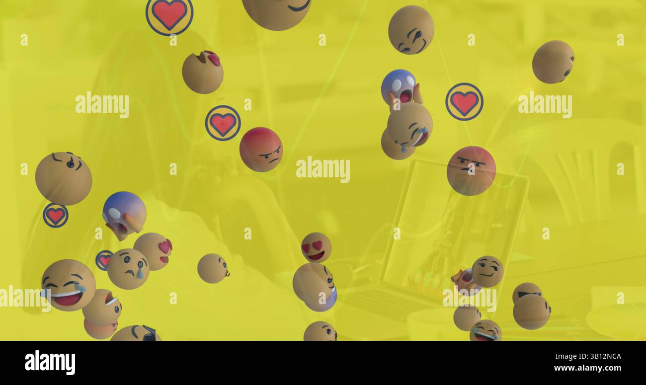 Image of emoticons and social media reactions over female lab worker ...
