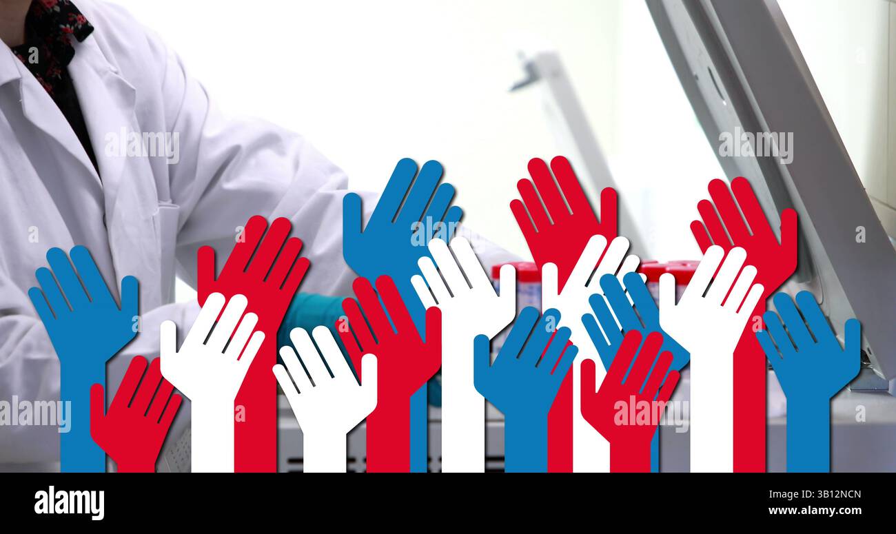 Image of red, blue and white hands over hands of male lab worker Stock ...