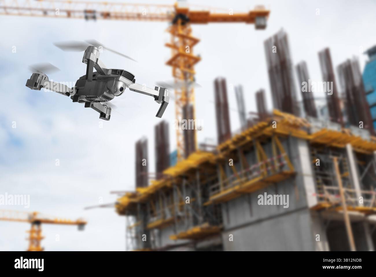 Drone with camera flying near unfinished building. Unmanned aerial ...
