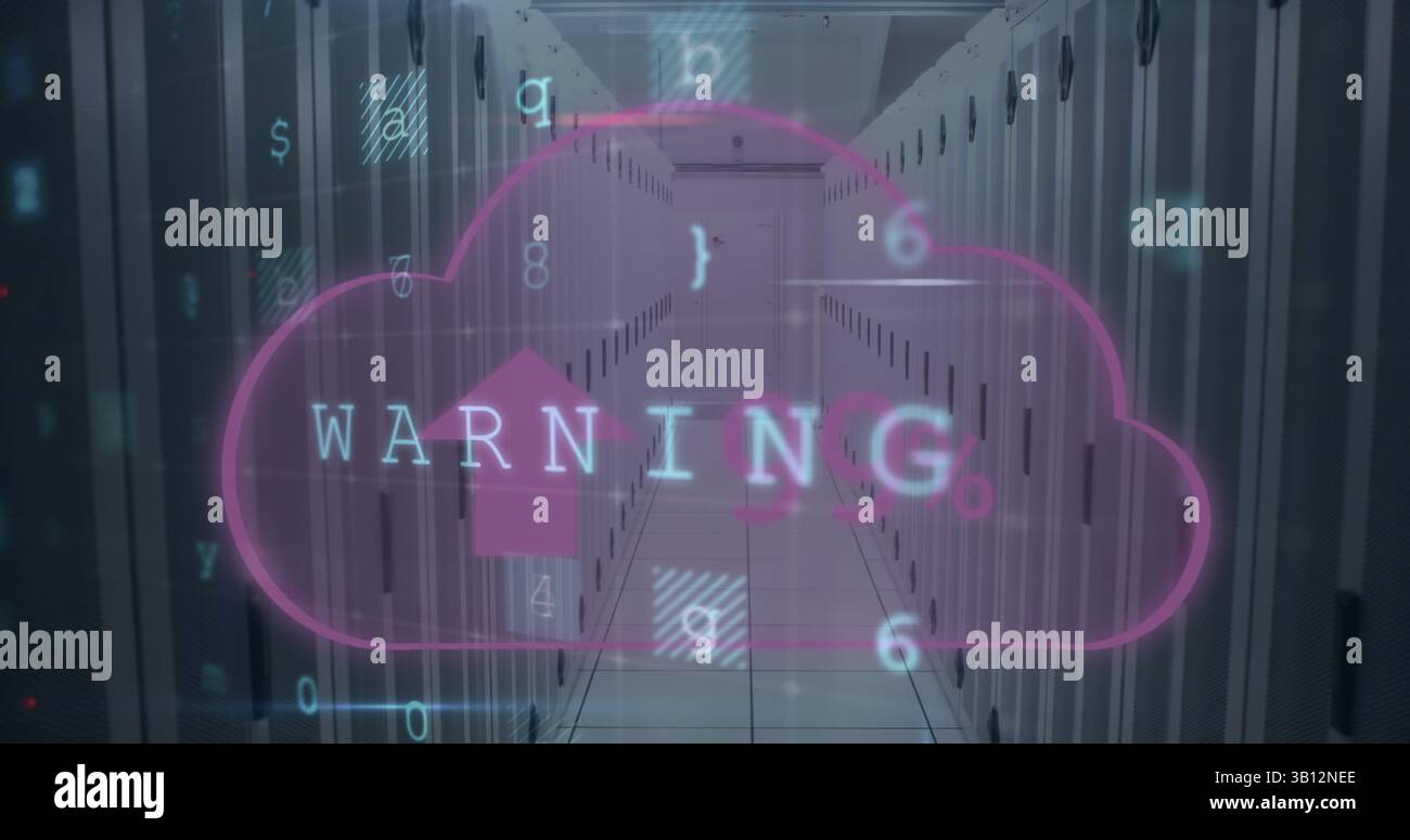 Image of cloud, warning text and data processing over computer servers ...