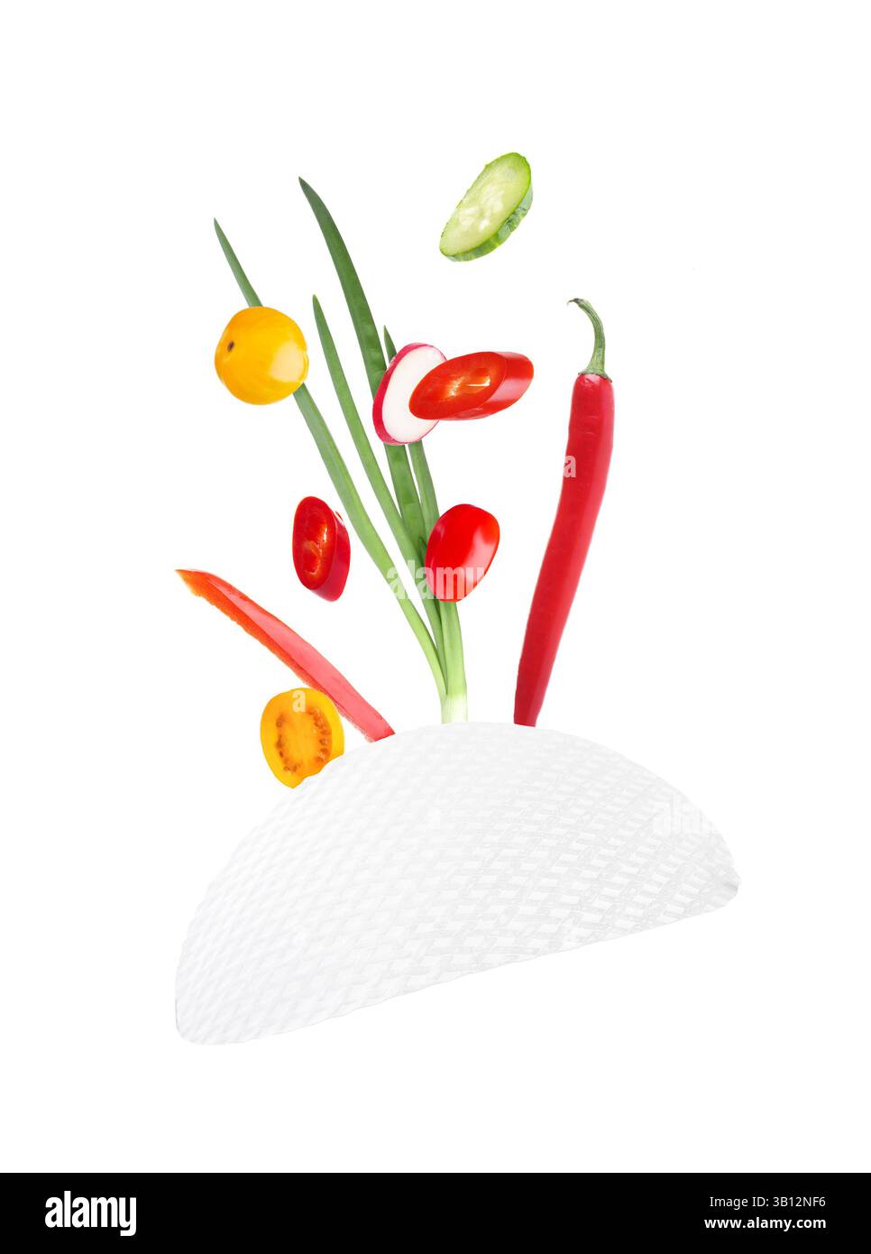 Rice paper and different ingredients falling on white background Stock ...