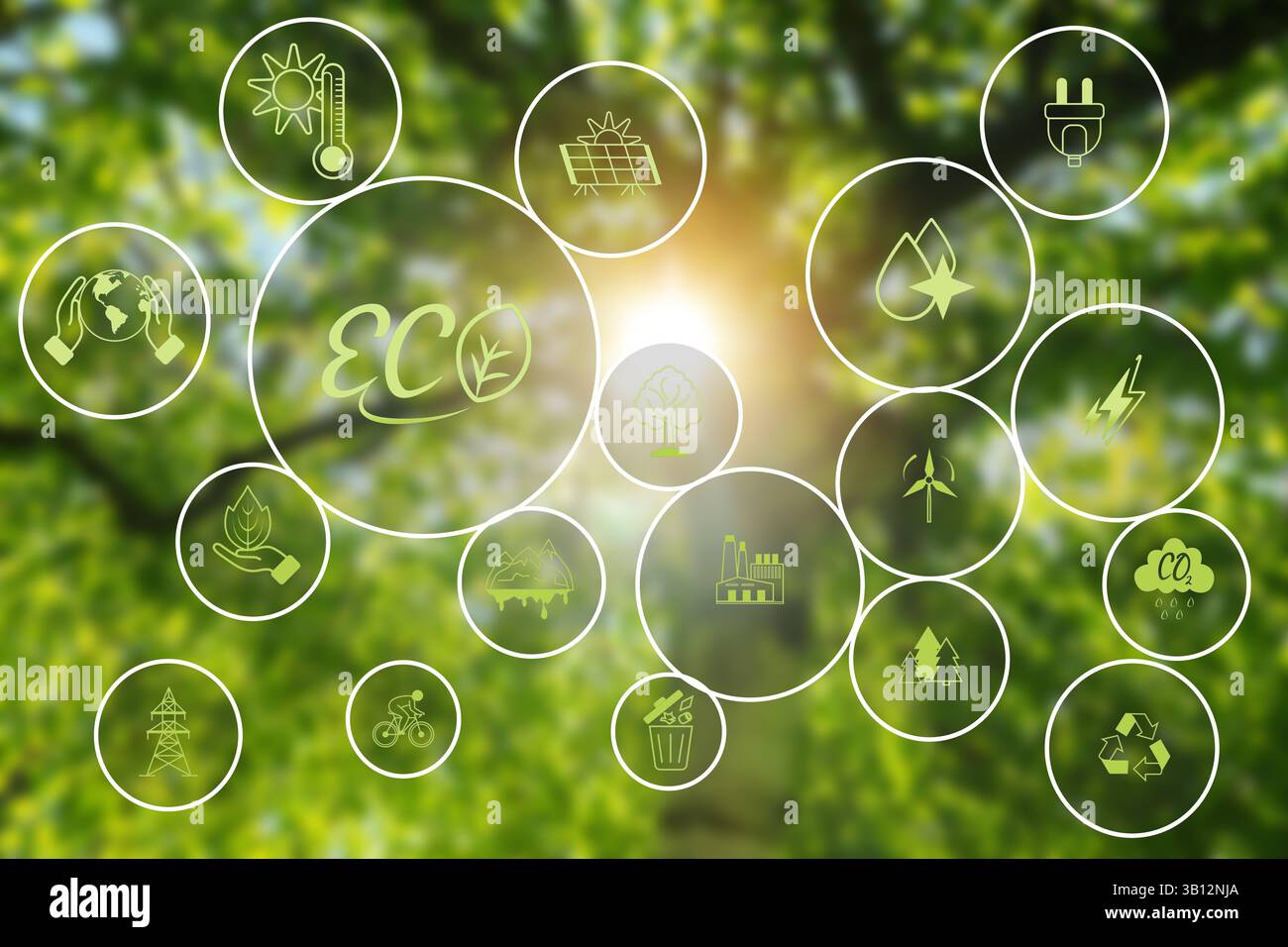 Environment concept. Different eco themed icons against green tree ...