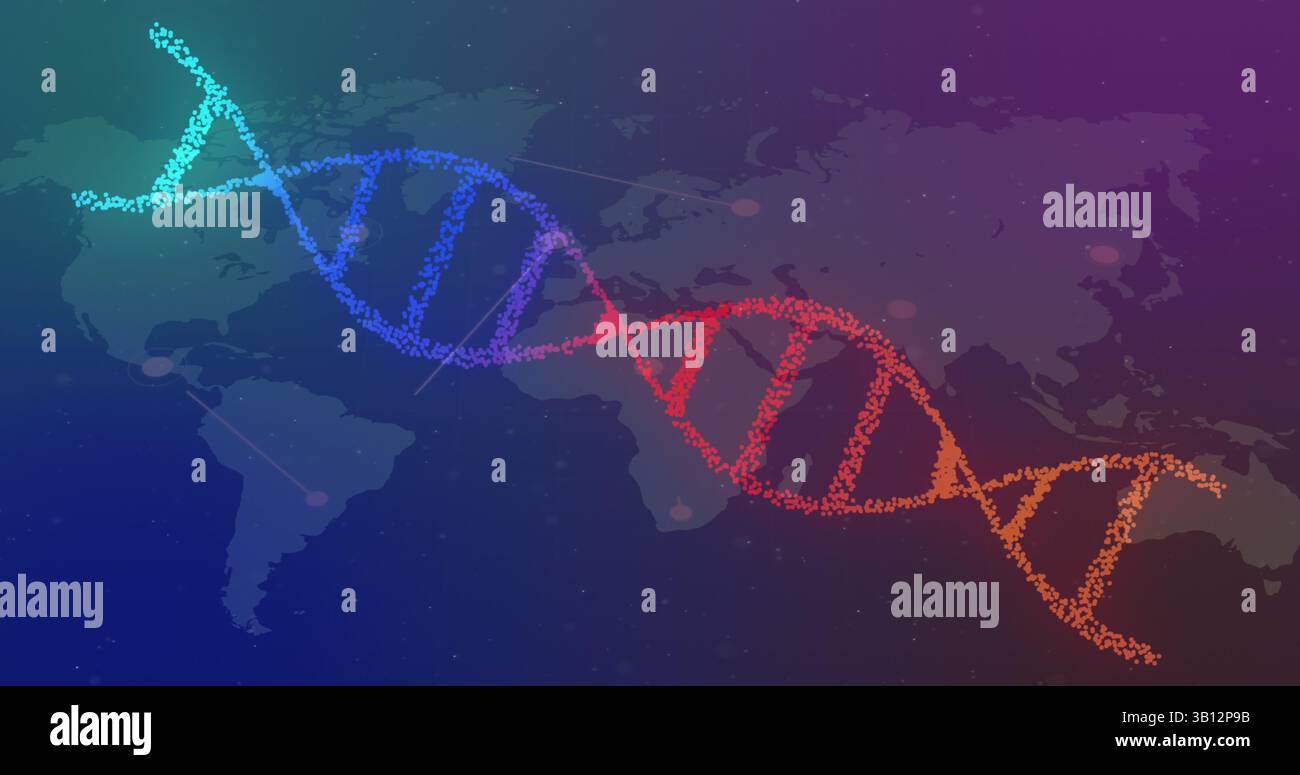 Image of dna strands spinning over world map Stock Photo - Alamy