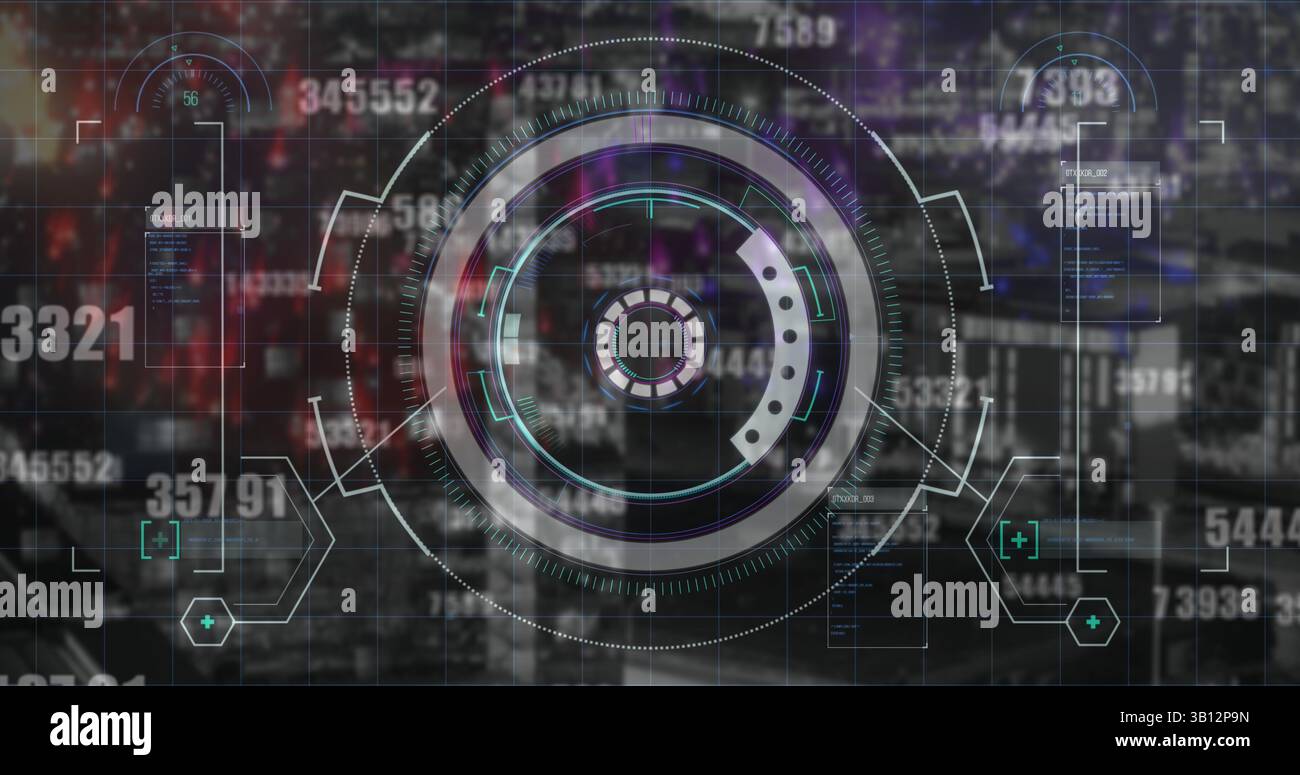 Round scanner and multiple changing numbers against cityscape at night ...