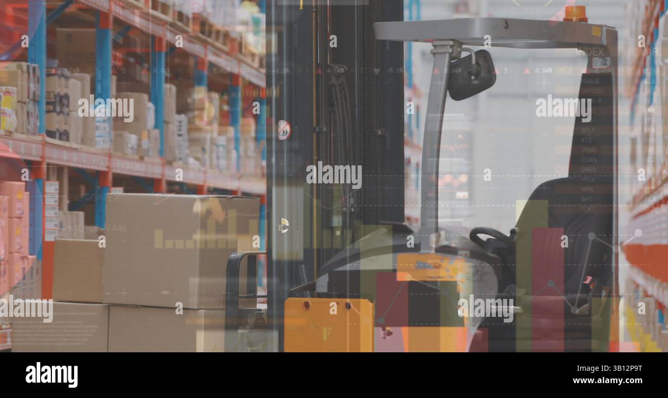 Statistical data processing against forklift machine carrying stack of ...