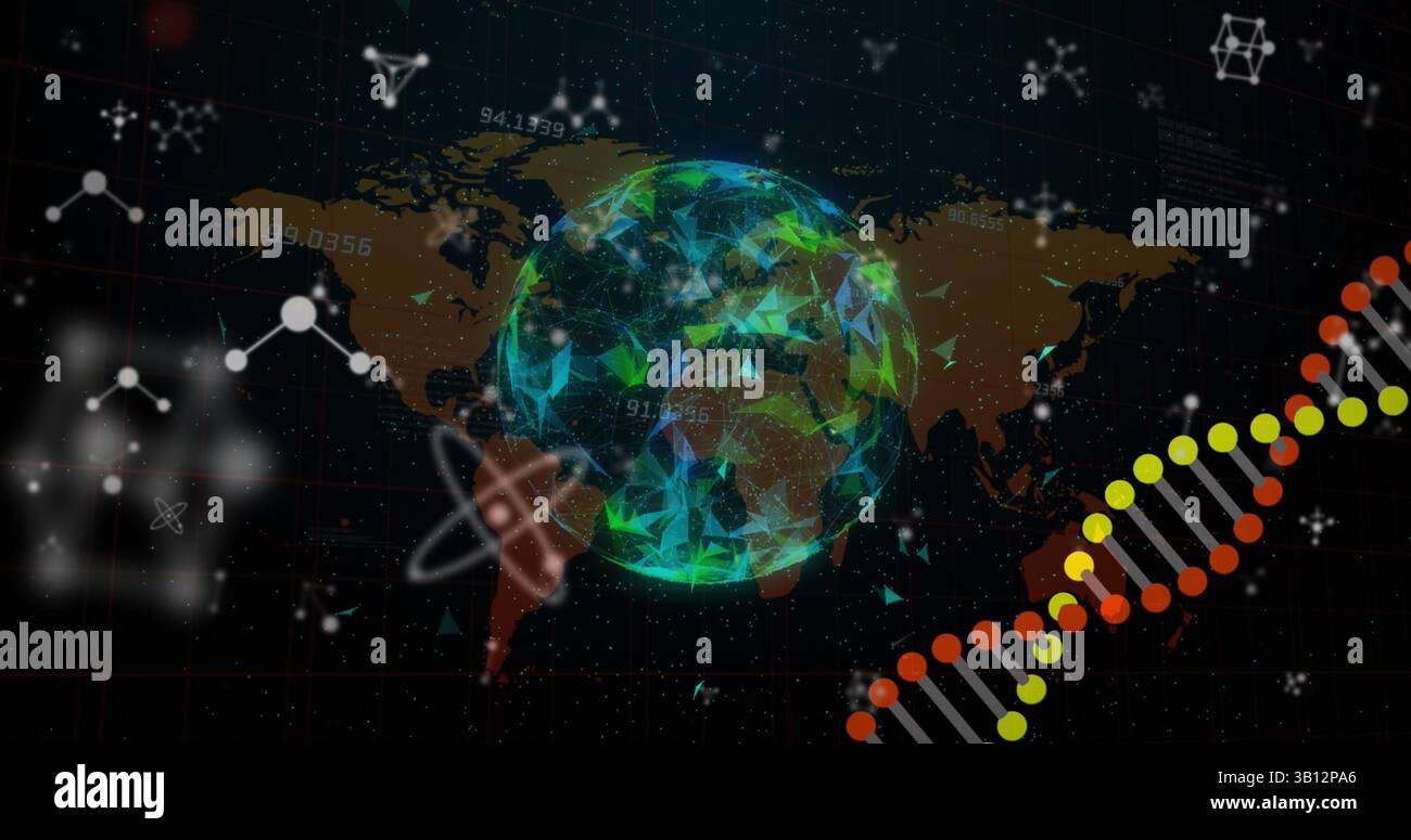 Image of dna strand spinning and molecules over globe and world map ...