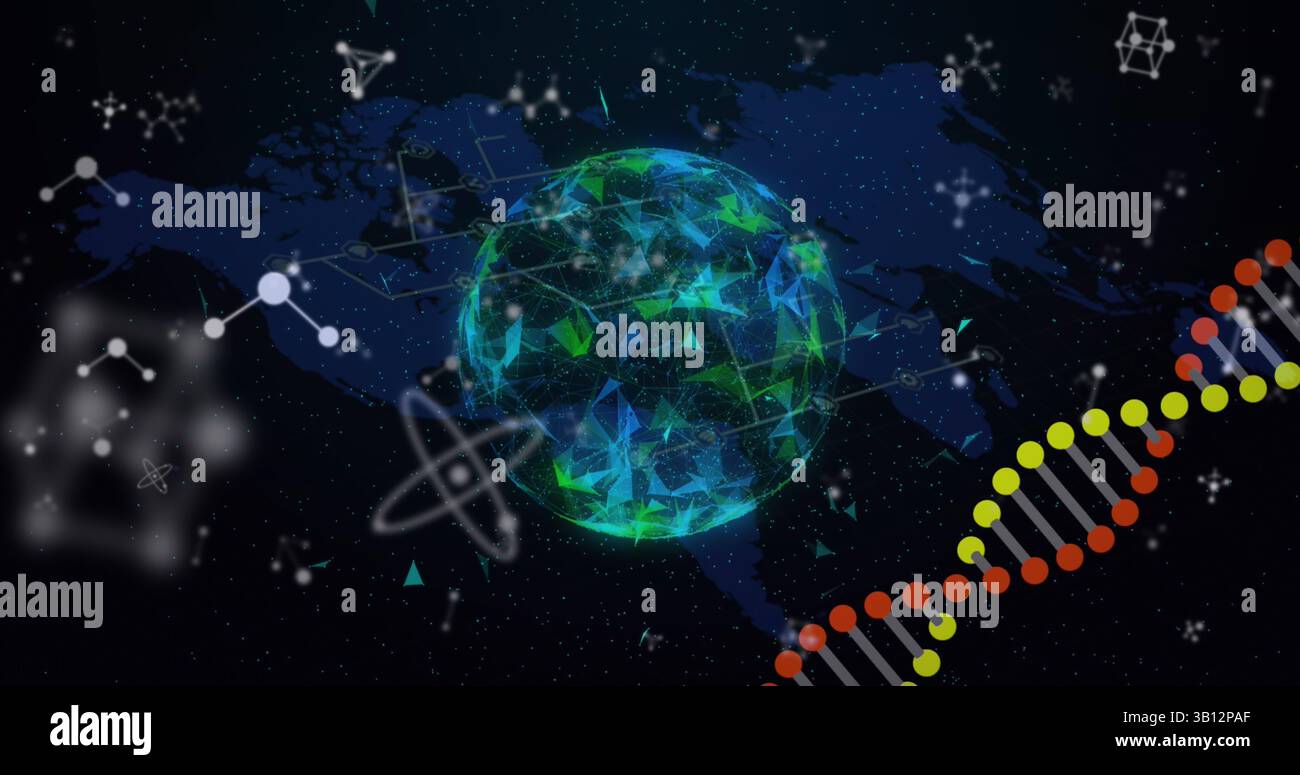 Image of dna strand spinning and molecules over globe and world map ...