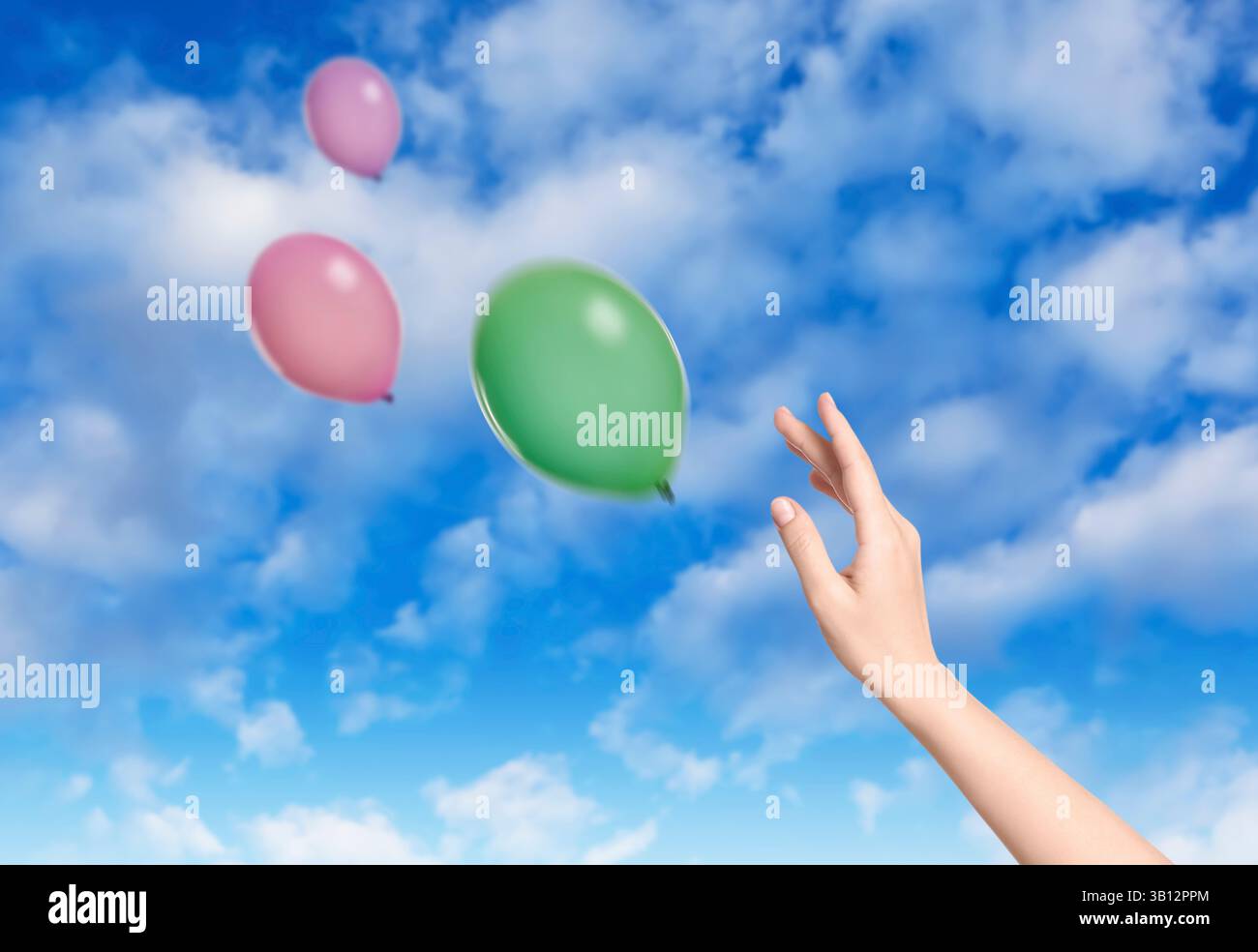 Woman let go balloons out of her hand into sky, closeup. Freedom ...