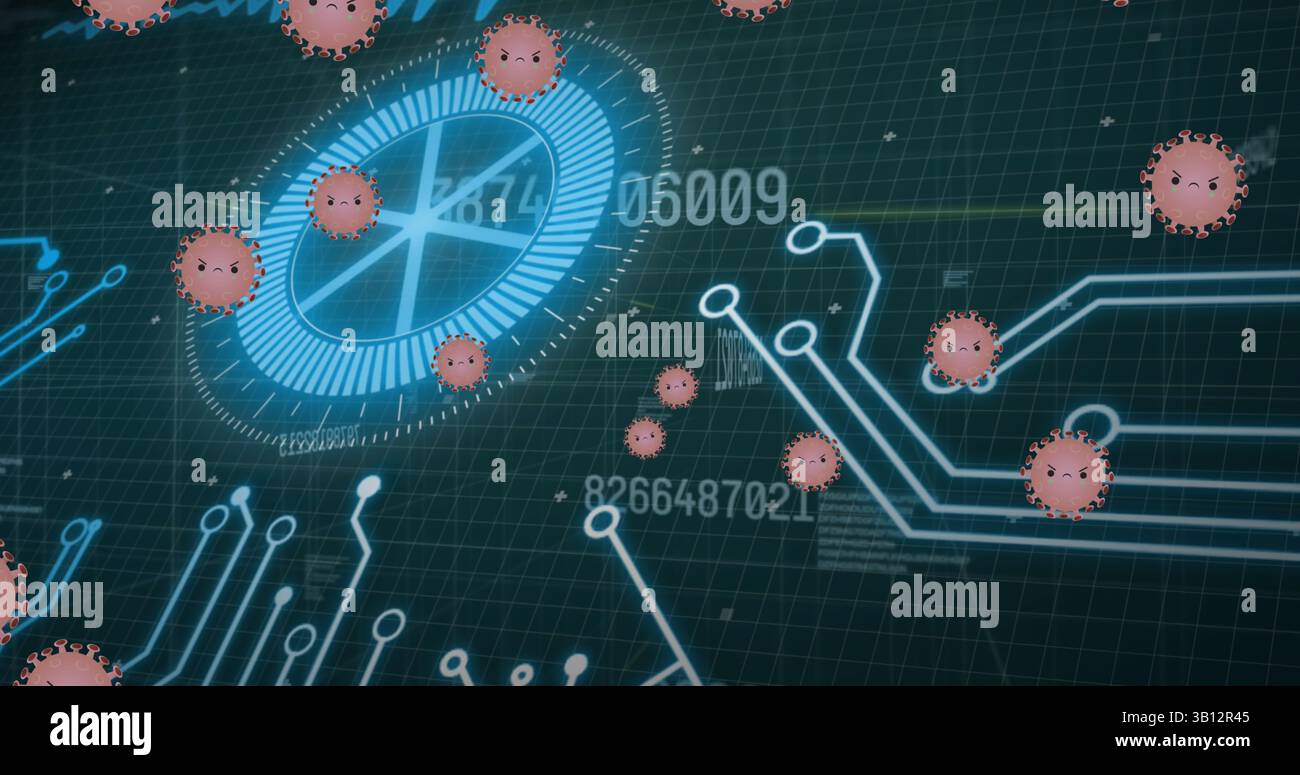 Image of covid 19 cells and scope with computer circuit board and data ...
