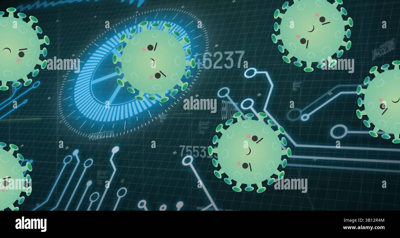 Image of covid 19 cells and scope with computer circuit board and data ...