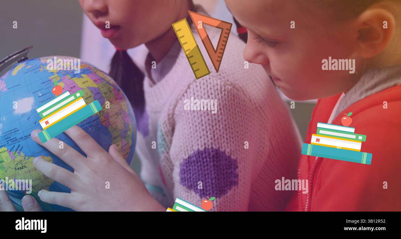 Image of falling books over happy diverse school children Stock Photo ...