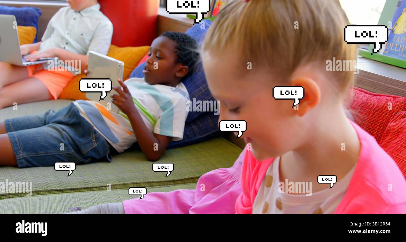 Image of falling icons over happy caucasian family spending time ...