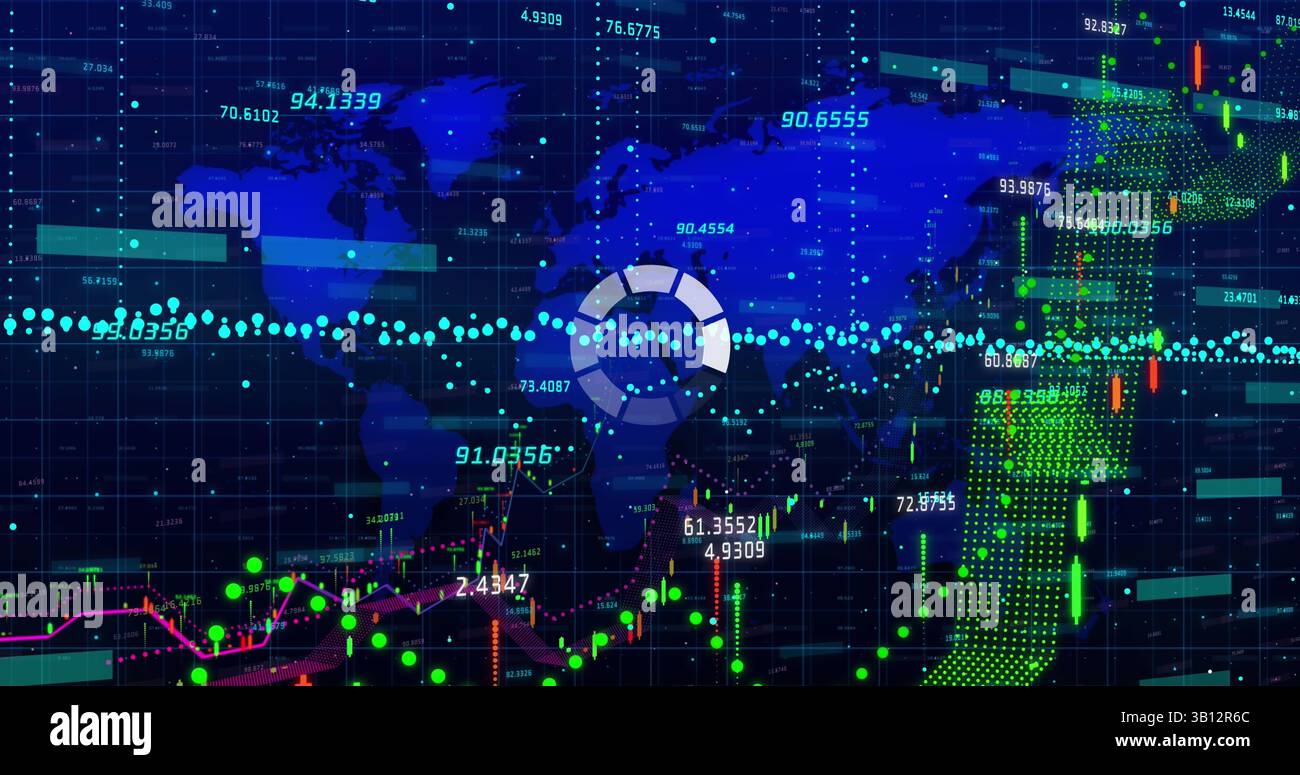 Image of financial data processing over world map Stock Photo - Alamy