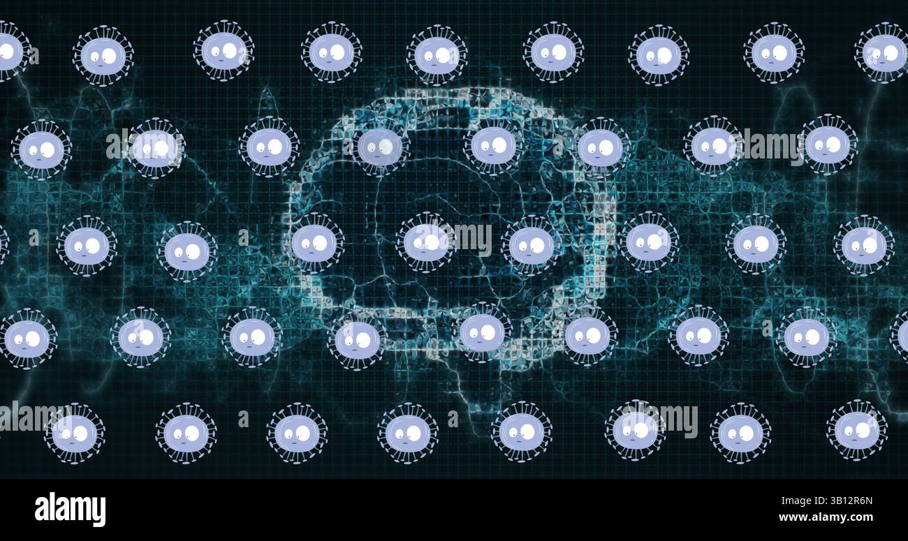 Image of covid 19 cells moving over human brain and dna strand spinning ...