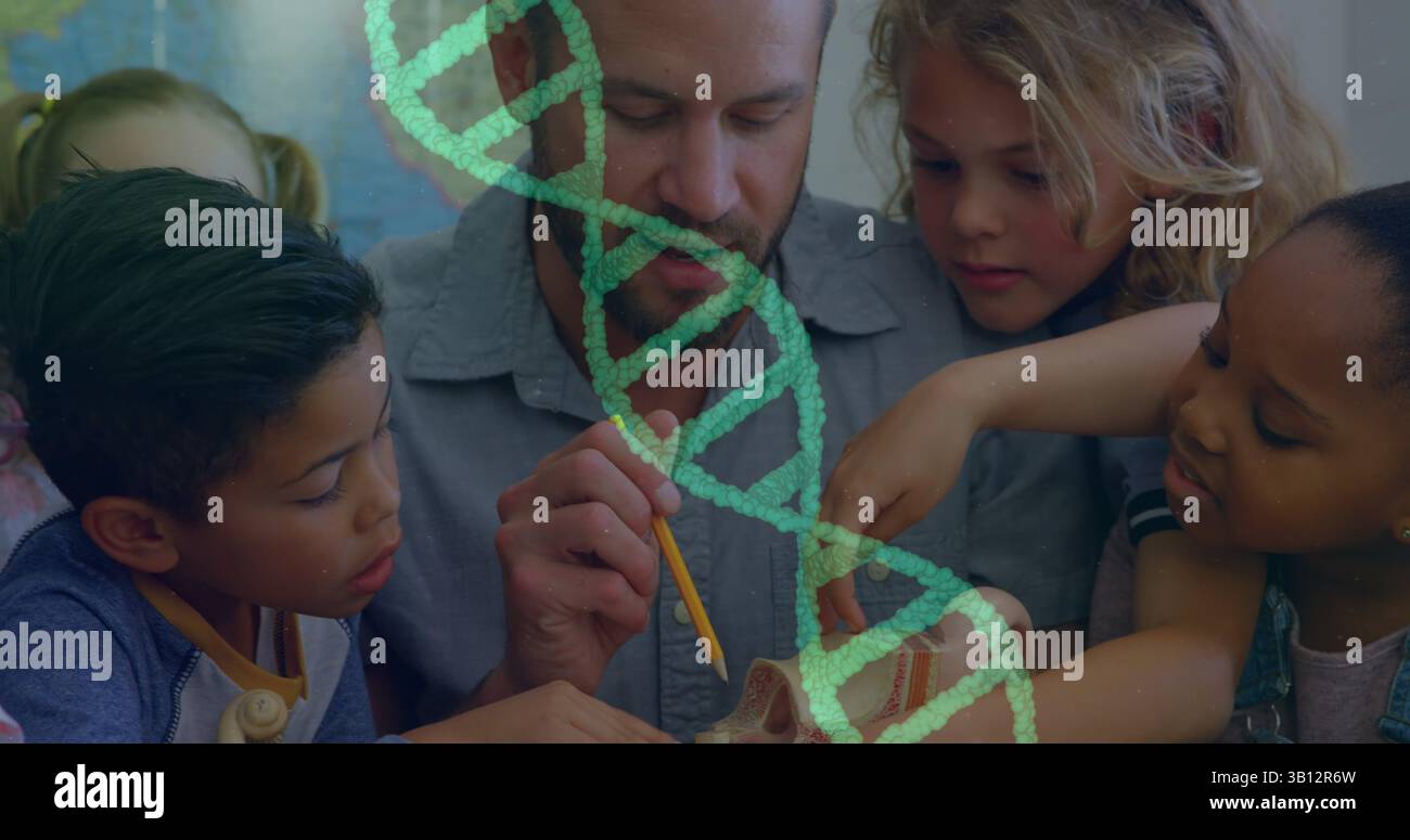 Image of spinning dna strand over happy diverse pupils with teacher ...