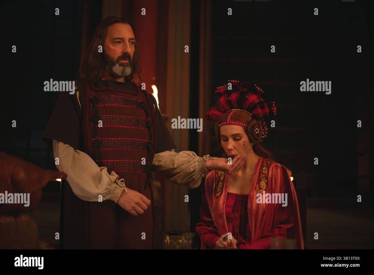 Decameron. (L to R) Tony Hale as Sirisco and Zosia Mamet as Pampinea in Episode 103 of ...