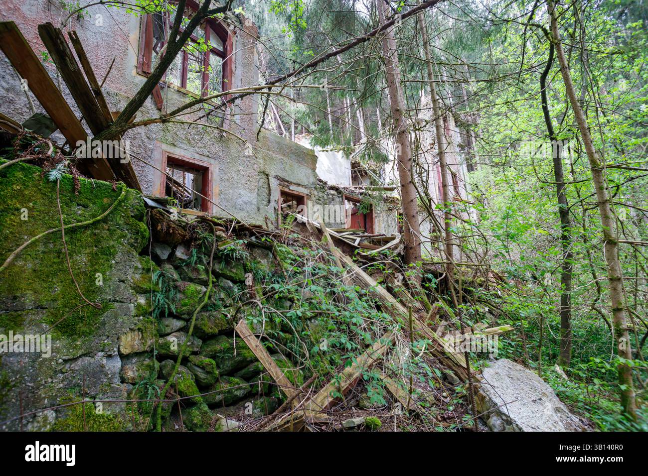 Bad Illstern, italy., Lost place. Dilapidated building facade with ...