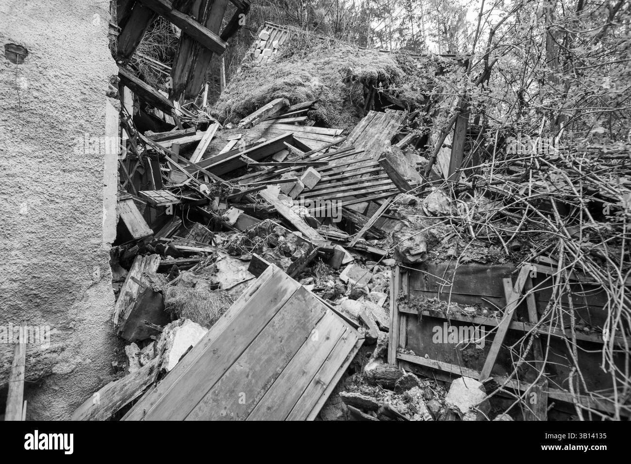 Bad Illstern, italy., Lost place. Black and white image of a collapsed ...