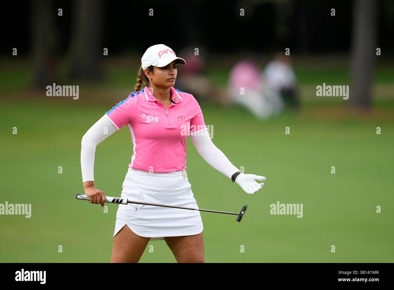 Gurleen Kaur reacts on the 18th hole during the first round of the ...