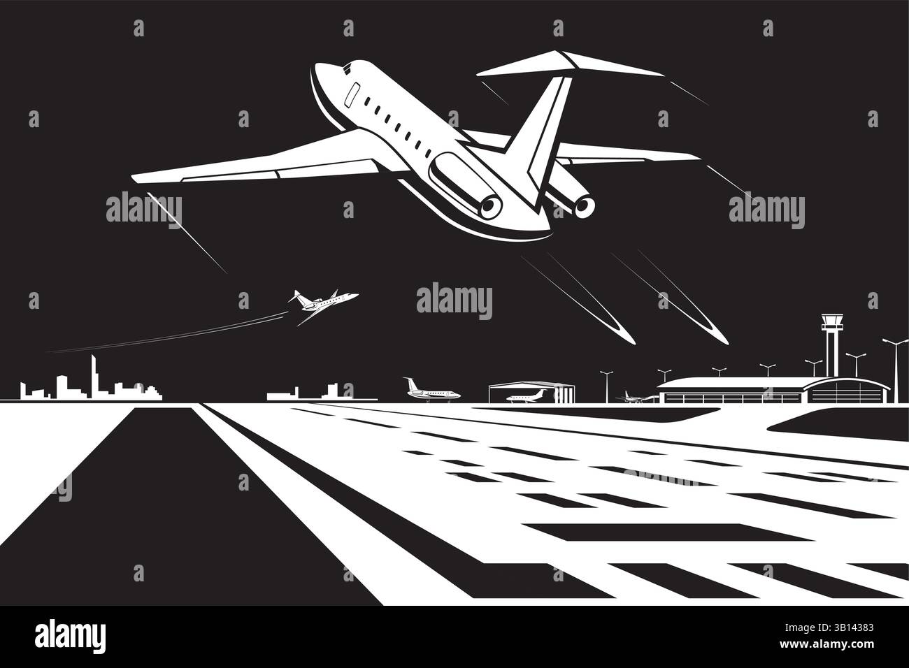 Private jet take off from city airport by night – vector illustration ...
