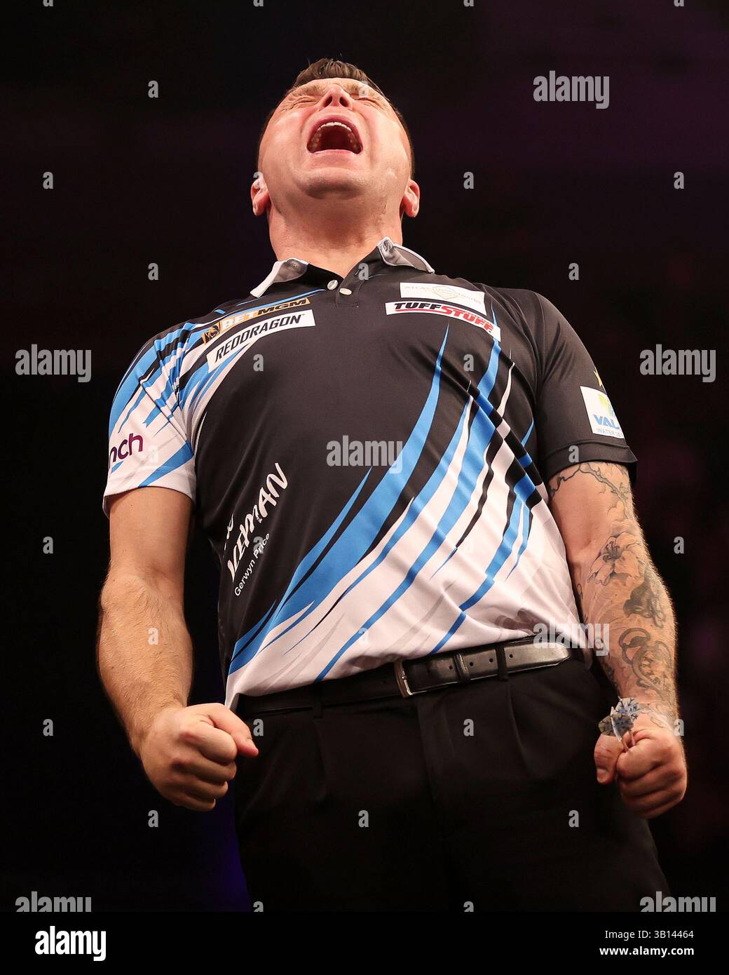 Liverpool, UK. 24th Apr, 2025. Gerwyn Price celebrates winning in their ...