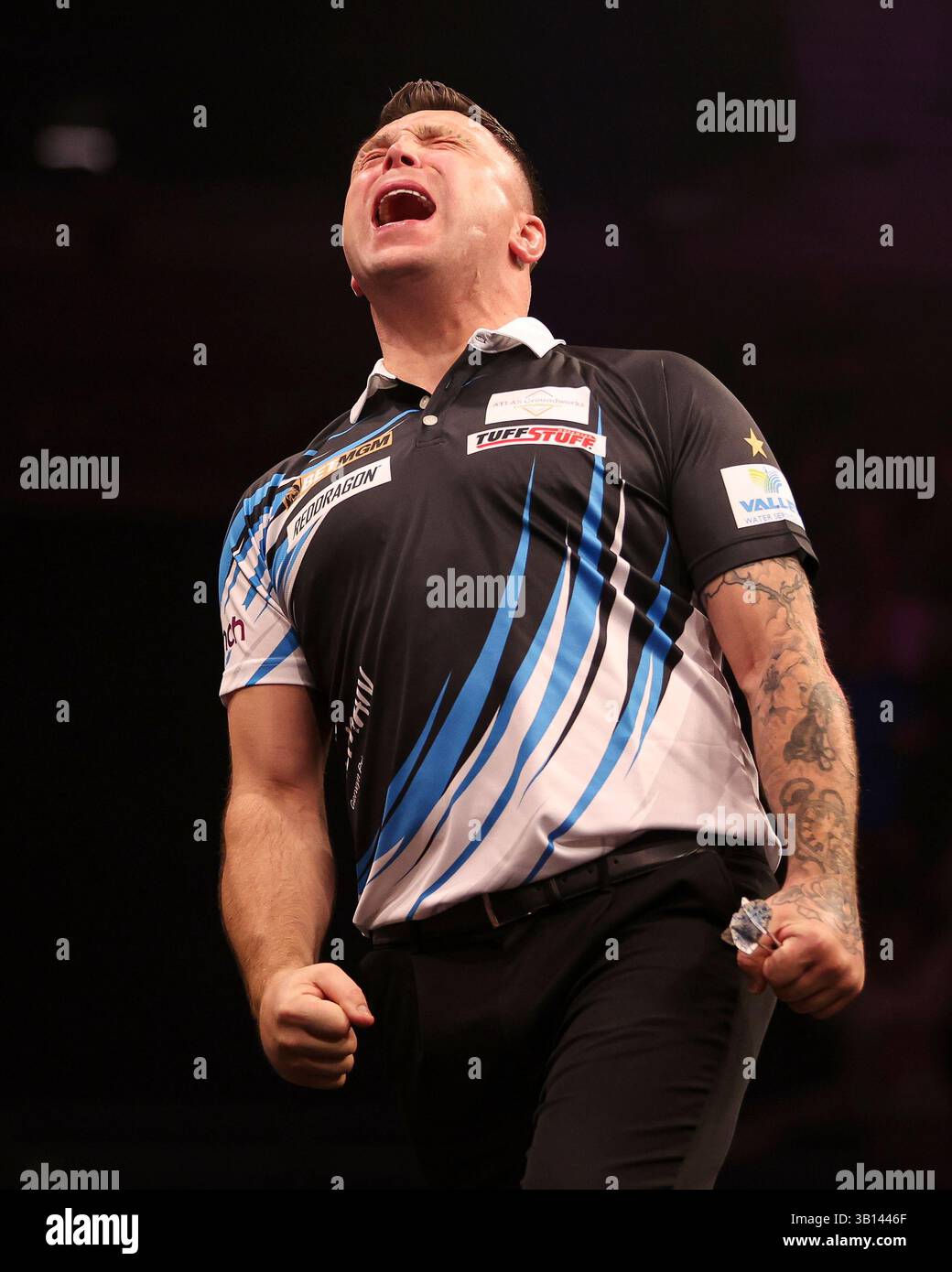 Liverpool, UK. 24th Apr, 2025. Gerwyn Price celebrates winning in their ...