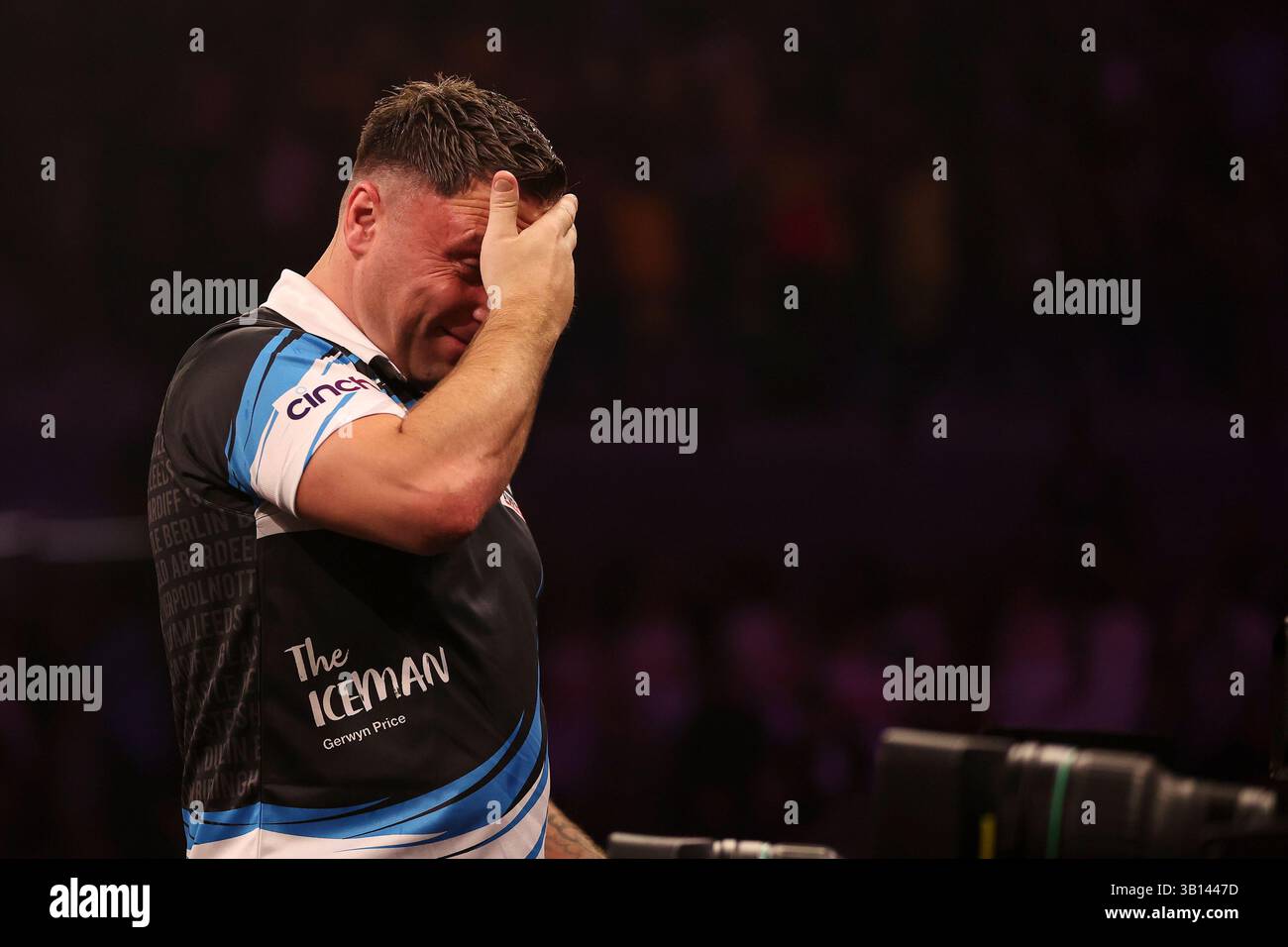 Liverpool, UK. 24th Apr, 2025. Gerwyn Price reacts after being hit in ...