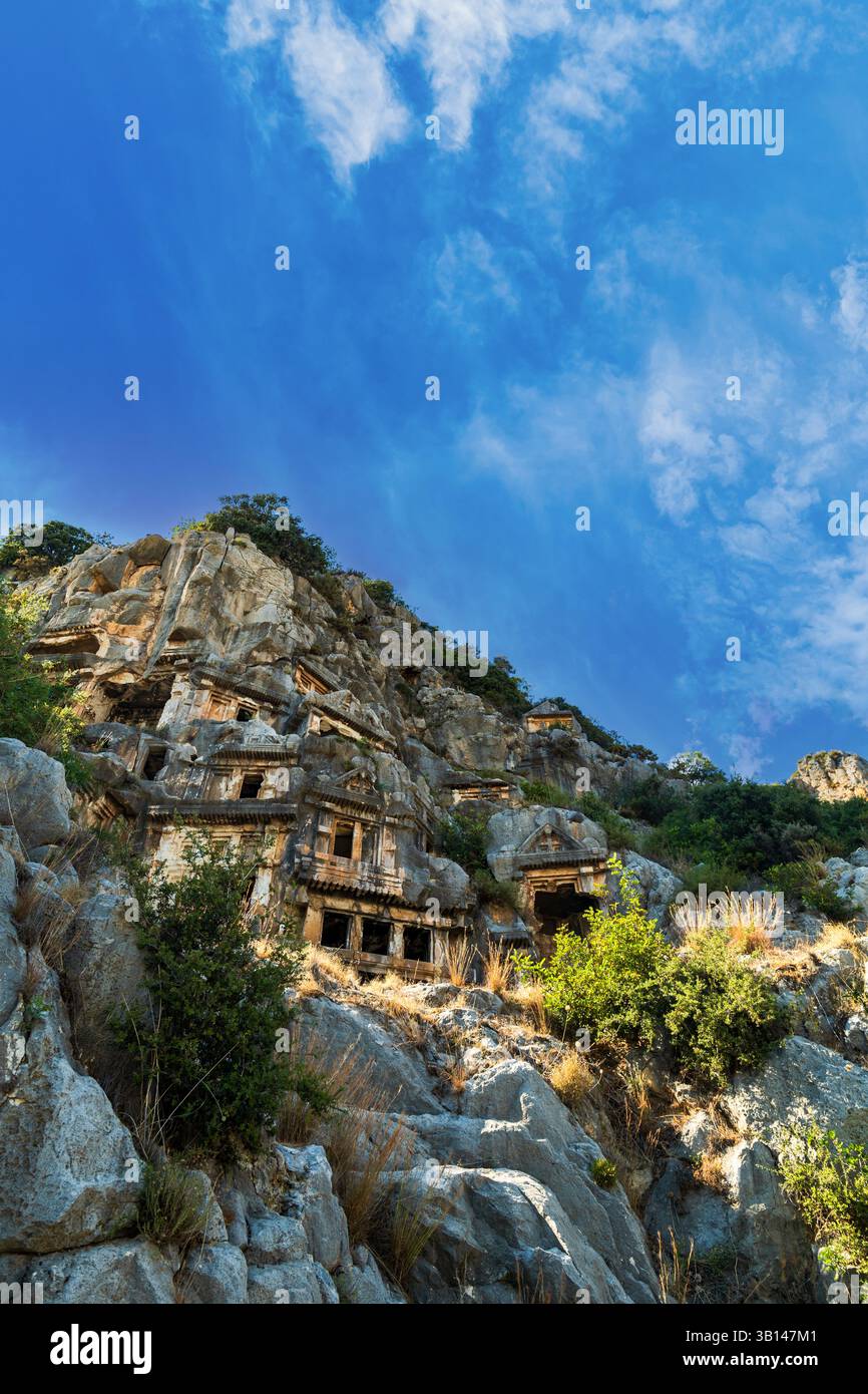 Myra archaeological site with rock tombs in Demre, Turkey. The Ancient ...