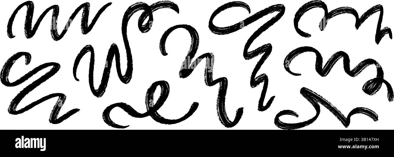 Black squiggle paint line set. Wiggly brush stroke collection. Charcoal ...