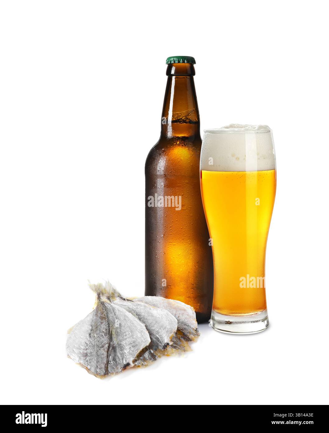 Beer and dried cod fish fillets isolated on white Stock Photo - Alamy