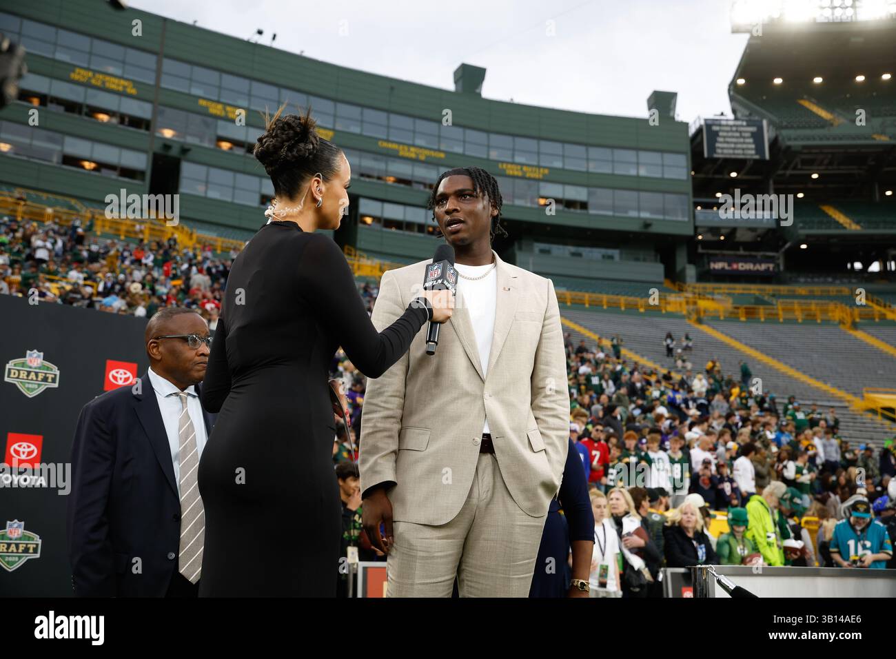 Cameron Ward arrives to the 2025 NFL Draft Red Carpet at Lambeau Field ...