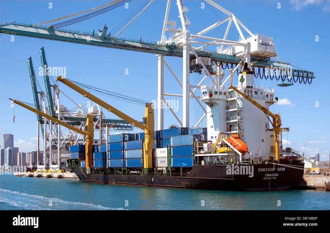 Cargo containers loaded onto a merchant ship in miami harbour, Miami ...
