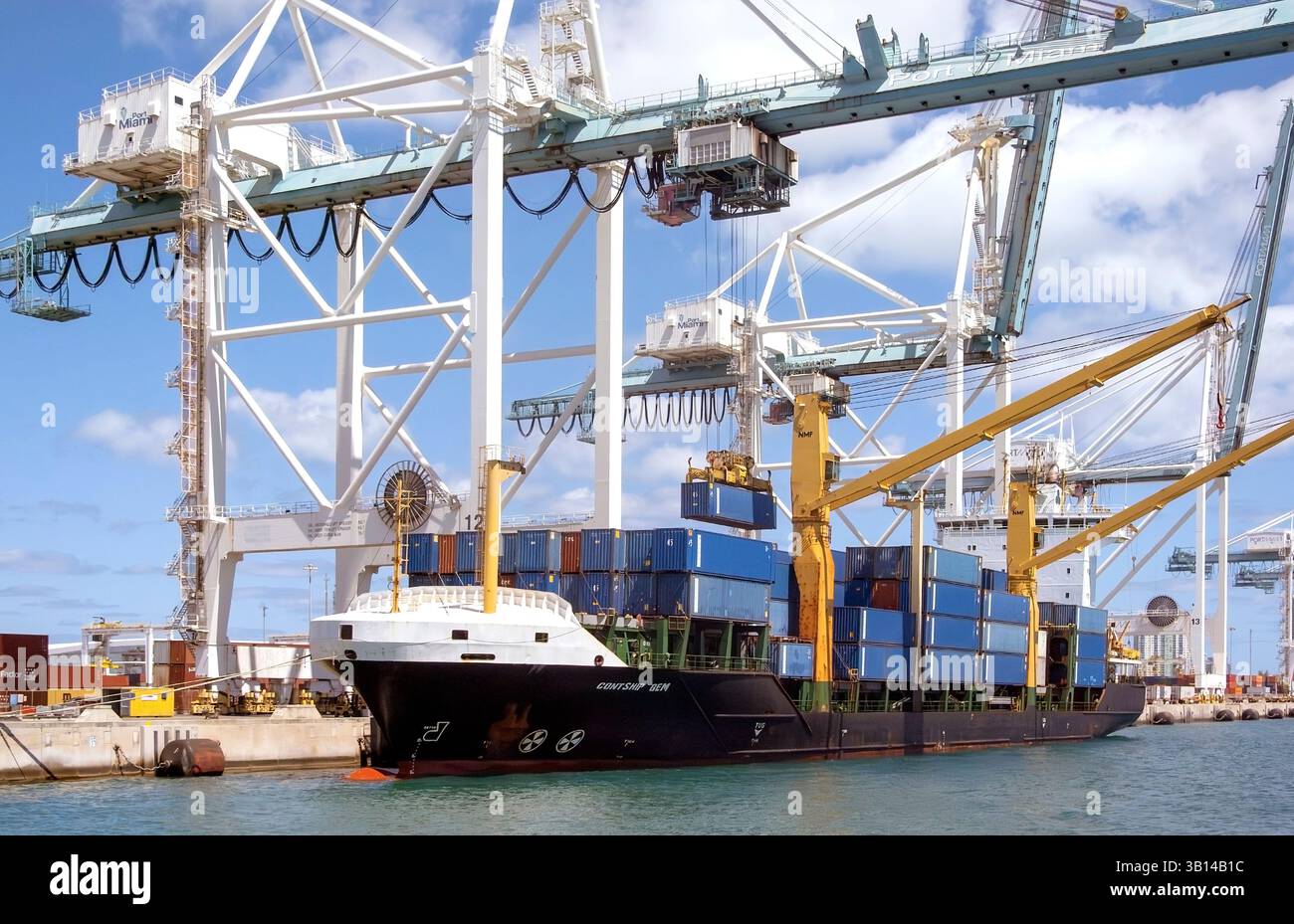 Cargo containers loaded onto a merchant ship in miami harbour, Miami ...