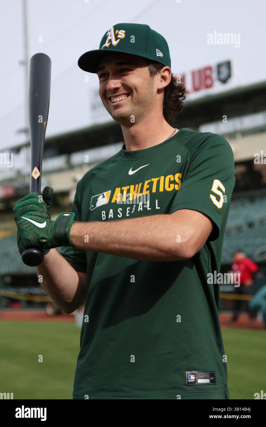 Athletics Jacob Wilson smiles before taking on the Texas Rangers in a ...