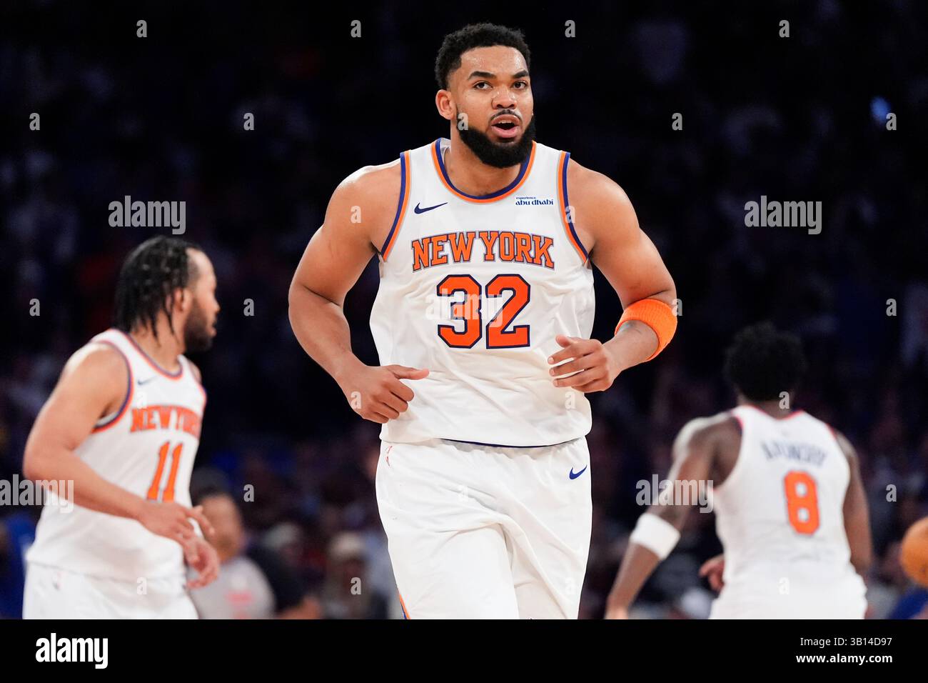 New York Knicks center Karl-Anthony Towns (32) reacts during the second ...