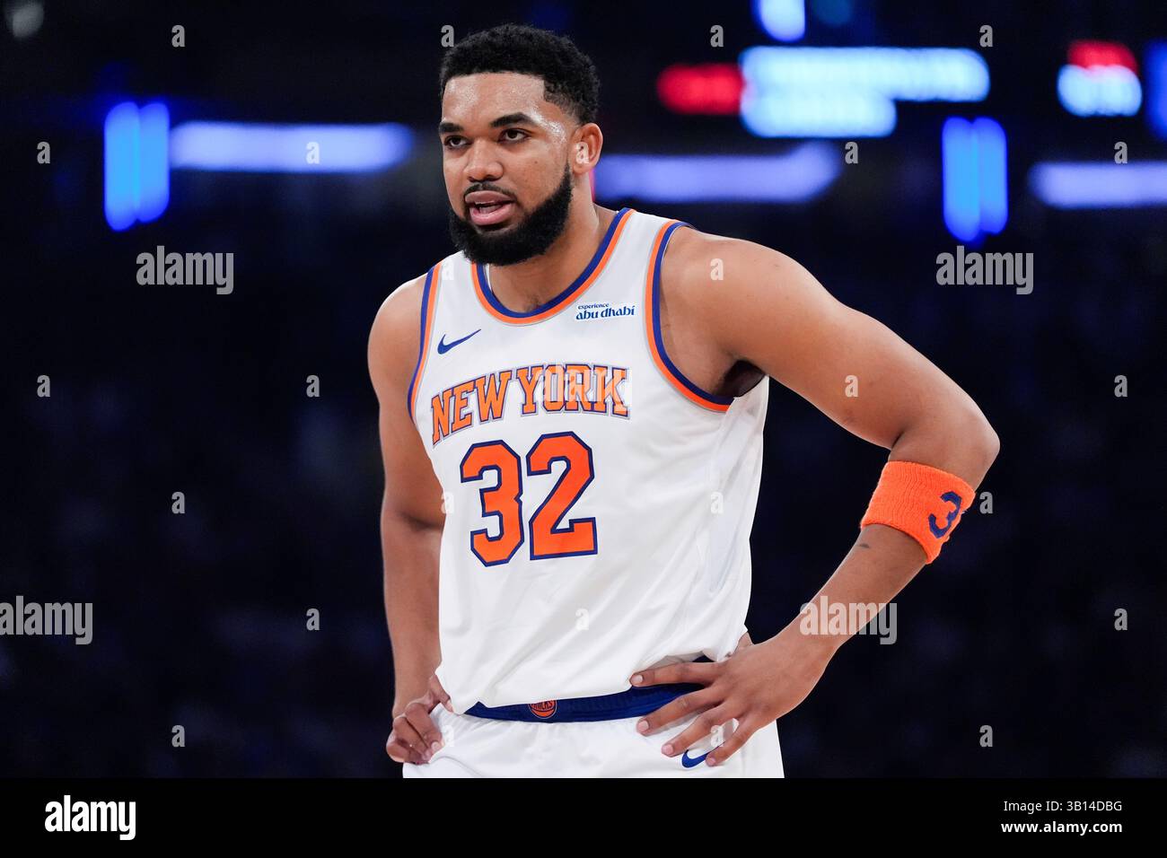 New York Knicks center Karl-Anthony Towns during Game 1 in an NBA basketball first-round playoff ...