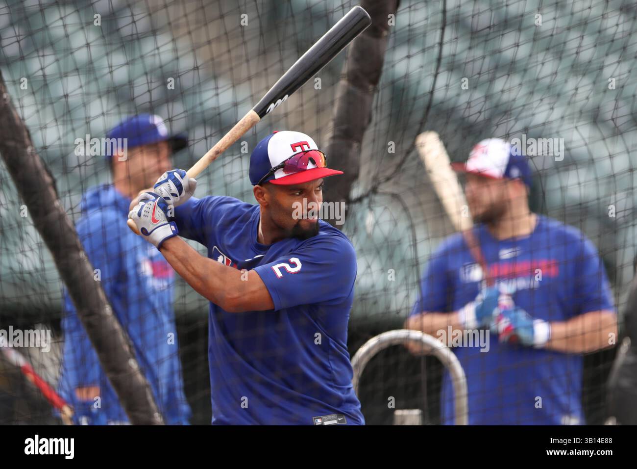 Texas Rangers Marcus Semien (2) takes batting practice before a ...