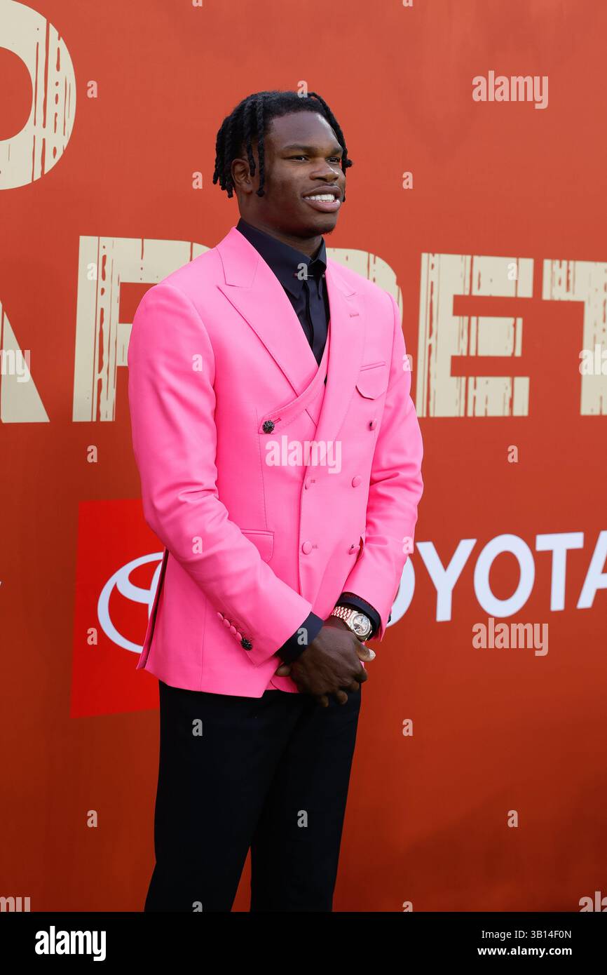 Green Bay, USA. 24th Apr, 2025. Travis Hunter arrives to the 2025 NFL ...