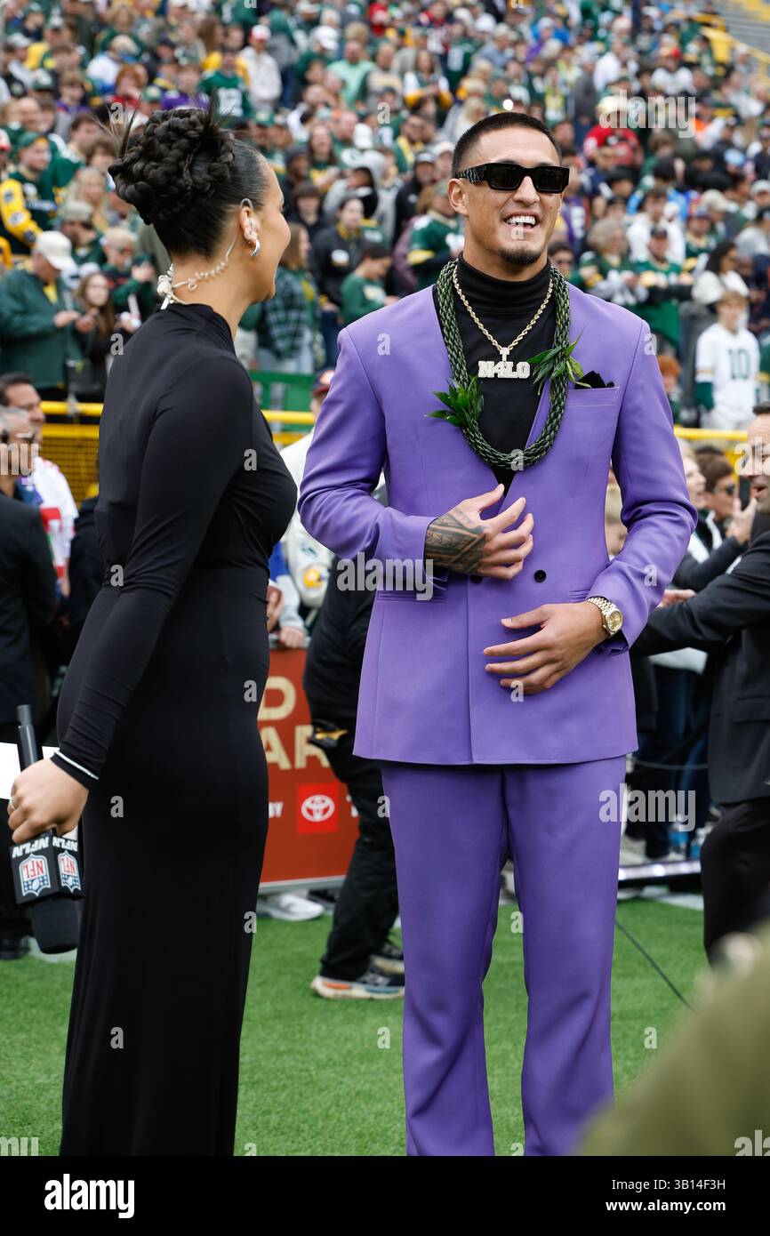 Green Bay, USA. 24th Apr, 2025. Tetairoa McMillan arrives to the 2025 ...