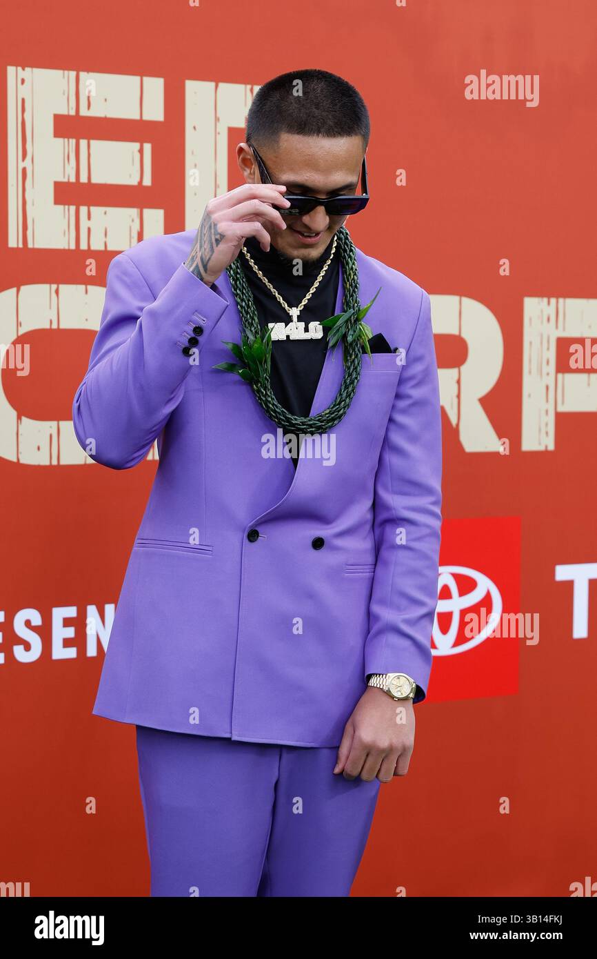Tetairoa McMillan arrives to the 2025 NFL Draft Red Carpet at Lambeau ...