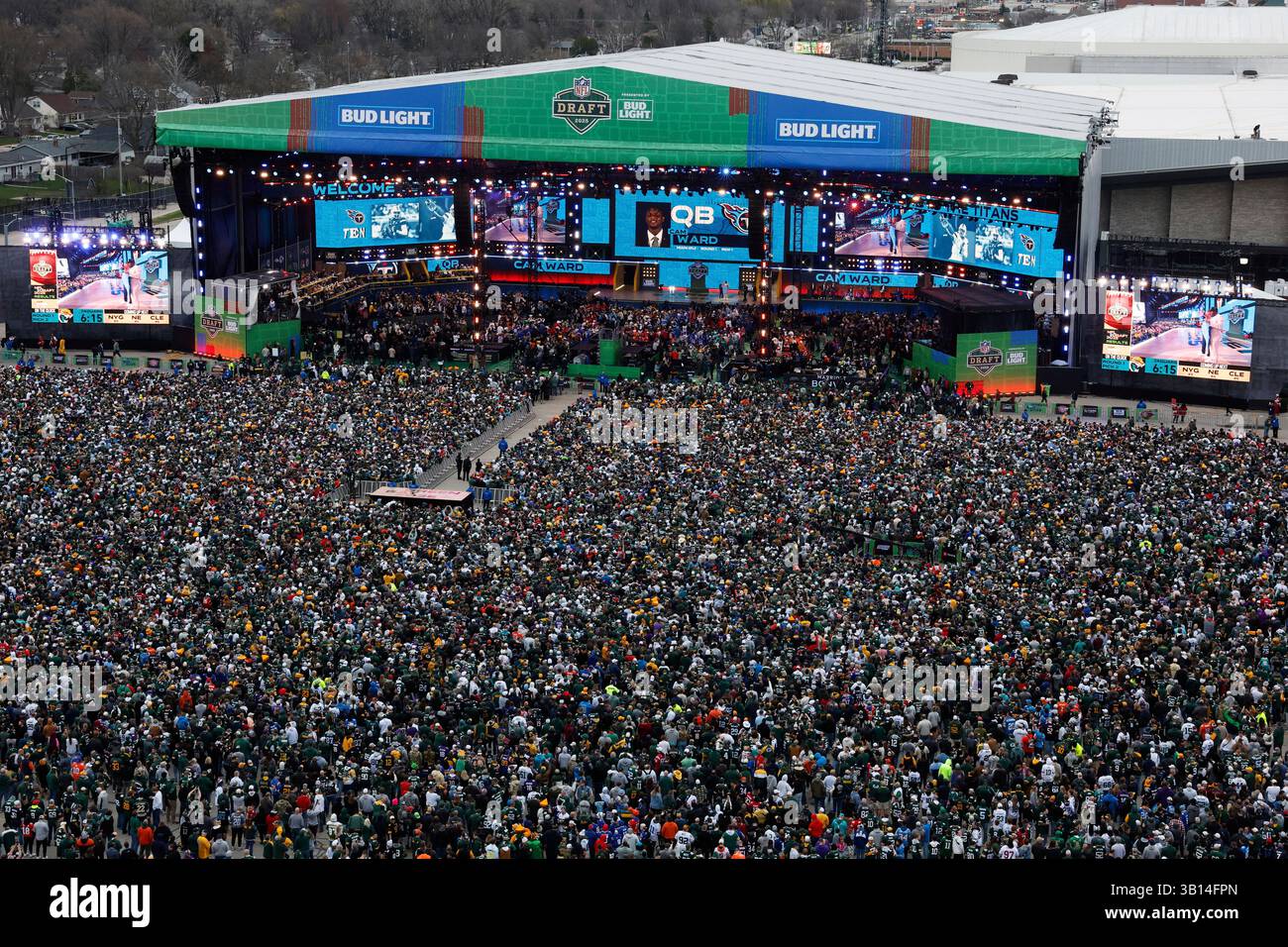 An elevated general view of the NFL Draft Theater during the first ...