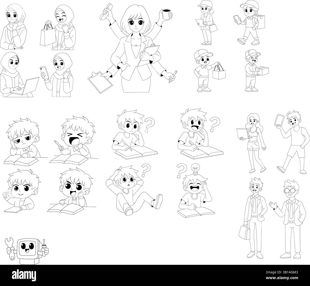 Black and white outline illustration set for a kids coloring book ...