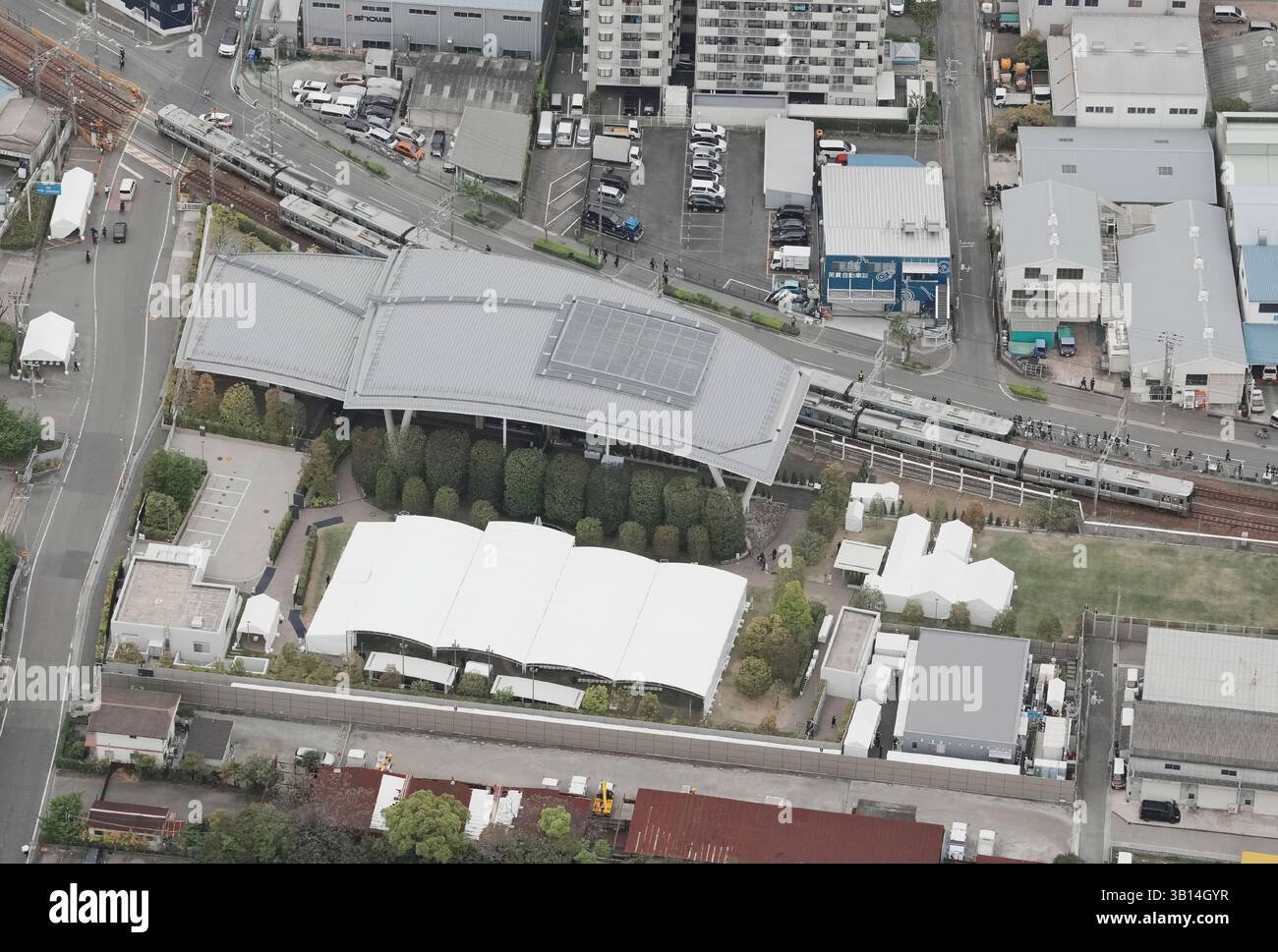 An aerial photo shows that the site of a train derailment accident 20 years ago in Amagasaki ...